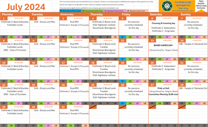 July Calendar – Humberside Wargames Society